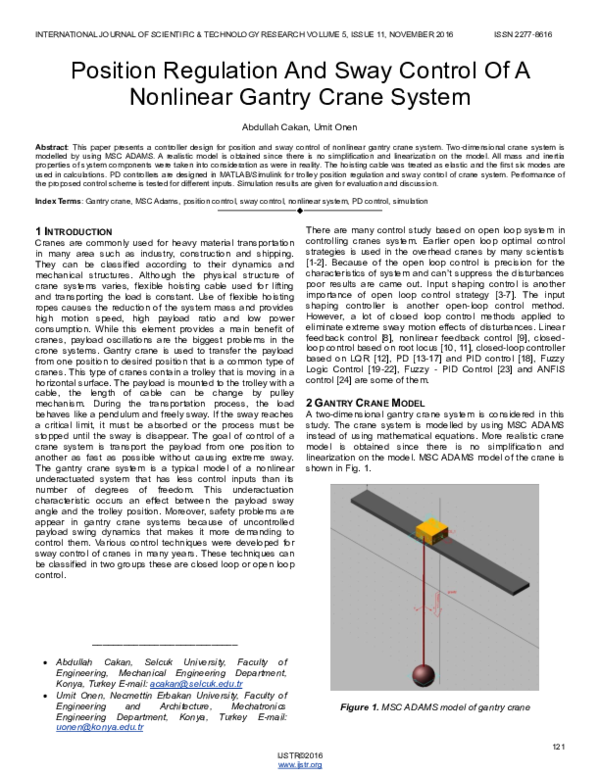 (PDF) Position Regulation And Sway Control Of A Nonlinear Gantry Crane System