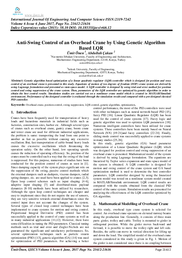(PDF) Anti-Swing Control of an Overhead Crane by Using Genetic Algorithm Based LQR