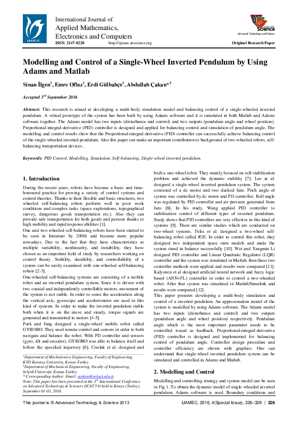 Pdf Modelling And Control Of A Single Wheel Inverted Pendulum By