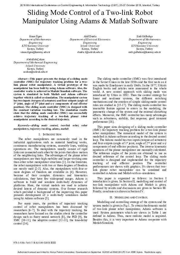 Pdf Sliding Mode Control Of A Two Link Robot Manipulator Using Adams And Matlab Software
