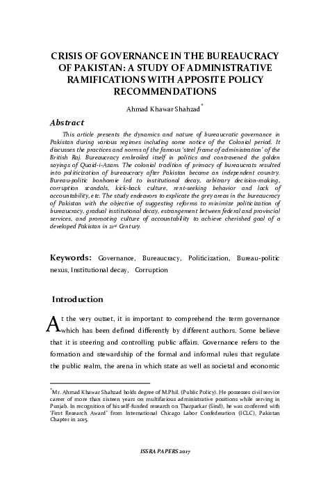 (PDF) CRISIS OF GOVERNANCE IN THE BUREAUCRACY OF PAKISTAN: A STUDY OF ...