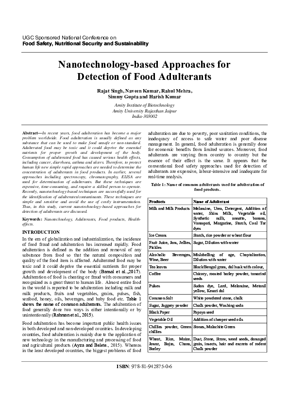 Pdf Nanotechnology Based Approaches For Detection Of Food Adulterants