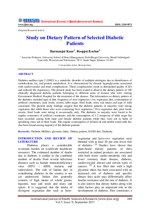 (PDF) Study on Dietary Pattern of Selected Diabetic Patients