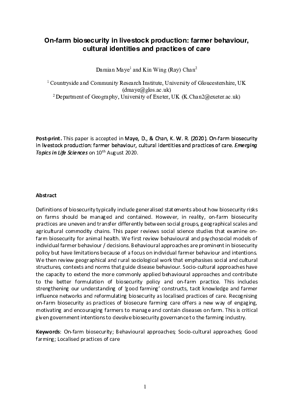 (PDF) On-farm biosecurity in livestock production: farmer behaviour ...
