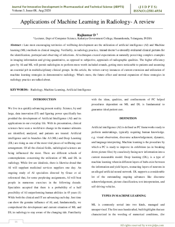 (PDF) Applications of Machine Learning in Radiology-A review