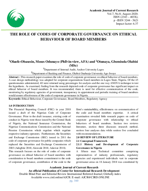 (PDF) THE ROLE OF CODES OF CORPORATE GOVERNANCE ON ETHICAL BEHAVIOUR OF ...