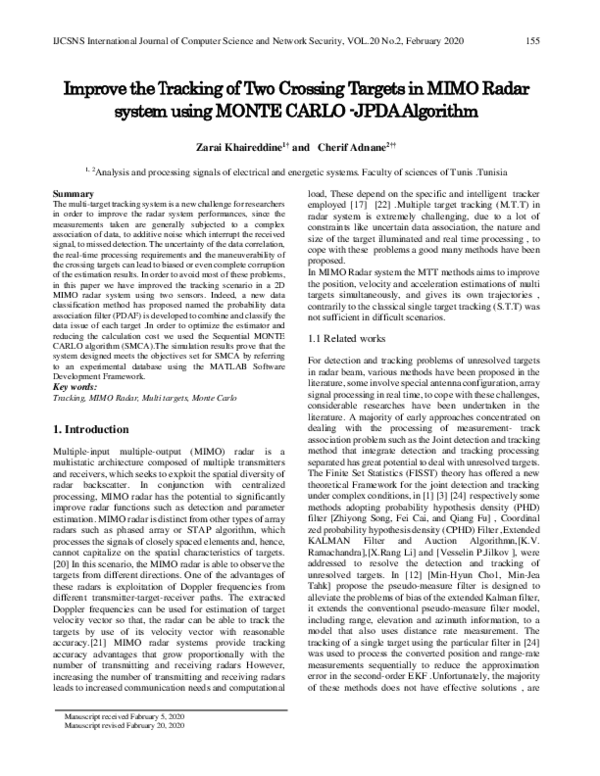 Pdf Improve The Tracking Of Two Crossing Targets In Mimo Radar System Using Monte Carlo Jpda