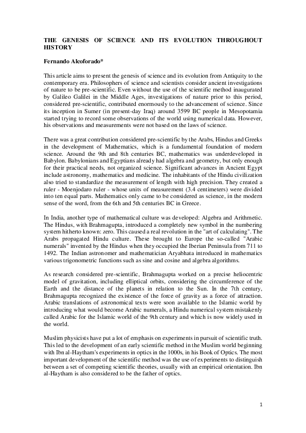 (PDF) THE GENESIS OF SCIENCE AND ITS EVOLUTION THROUGHOUT HISTORY
