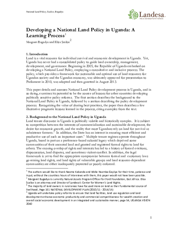 (PDF) Developing a National Land Policy in Uganda: A Learning Process 1