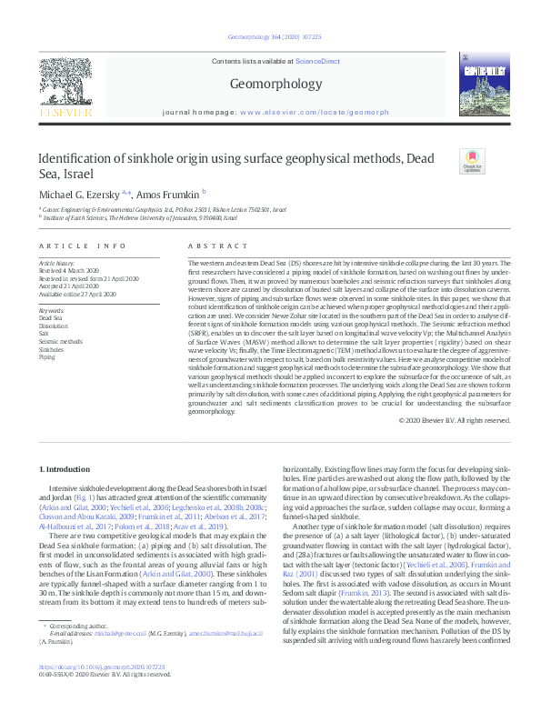 (PDF) Ezersky, M.G., Frumkin, 2020. Identification of sinkhole origin ...