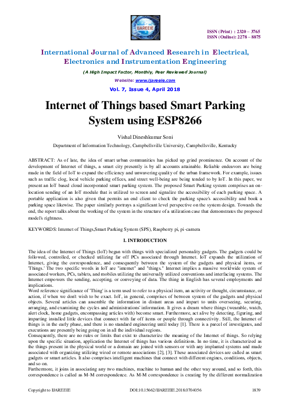 (PDF) Internet of Things based Smart Parking System using ESP8266
