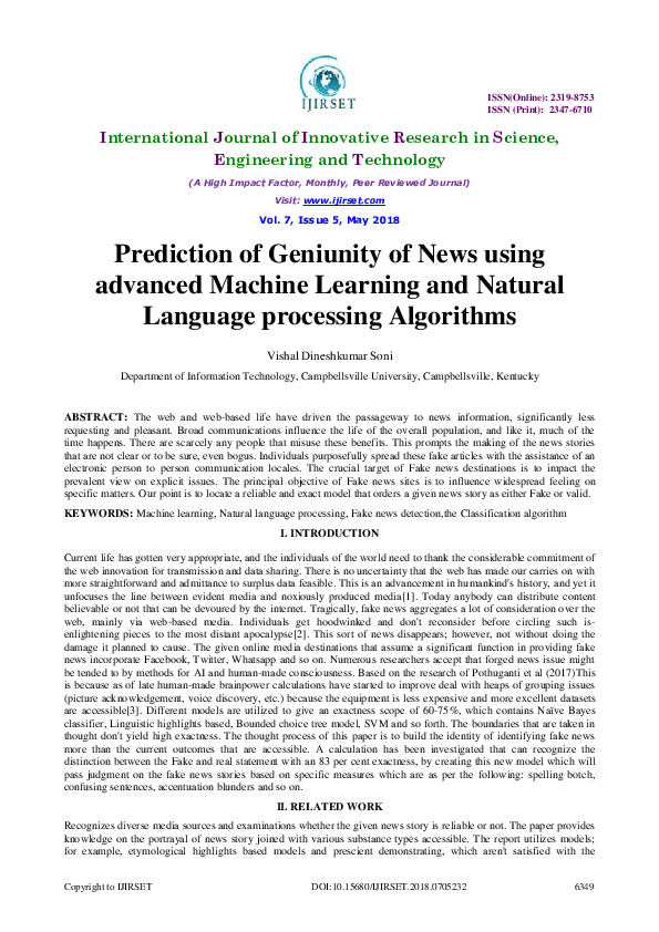 (PDF) Prediction of Geniunity of News using advanced Machine Learning and Natural Language ...