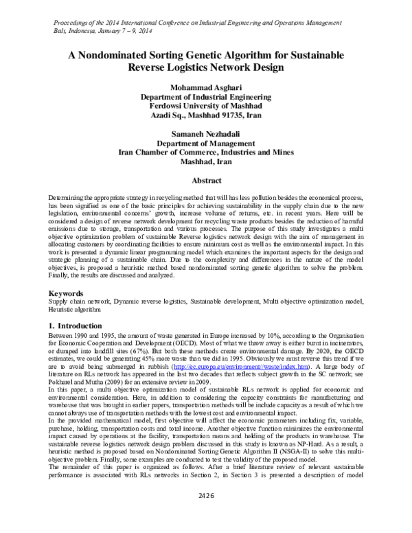 Pdf A Nondominated Sorting Genetic Algorithm For Sustainable Reverse Logistics Network Design