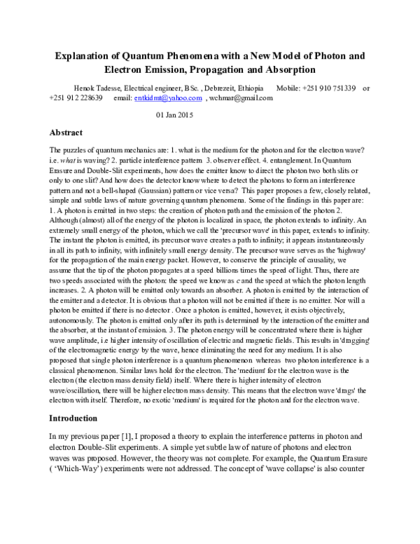 (PDF) Explanation of Quantum Phenomena with a New Model of Photon and Electron Emission ...