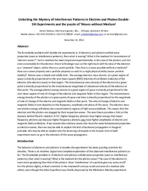 (PDF) Unlocking the Mystery of Interference Patterns in Electron and Photon Double-Slit ...