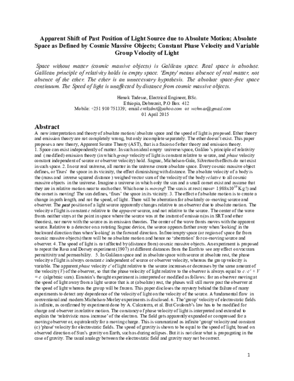 (PDF) Apparent Shift of Past Position of Light Source due to Absolute ...
