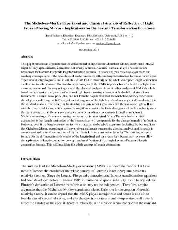 (PDF) The Michelson-Morley Experiment and Classical Analysis of ...