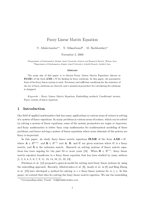 Pdf Fuzzy Linear Matrix Equation 