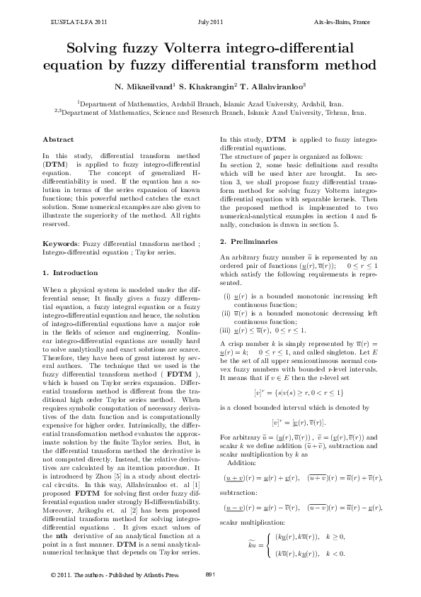 Pdf Solving Fuzzy Volterra Integro Differential Equation By Fuzzy Differential Transform Method