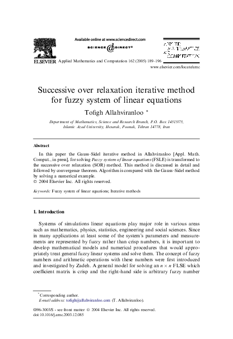 Pdf Successive Over Relaxation Iterative Method For Fuzzy System Of