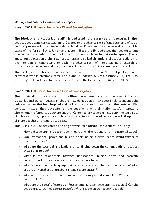 (PDF) Ideology and Politics Journal -- Call for papers -- "Issue 1 ...