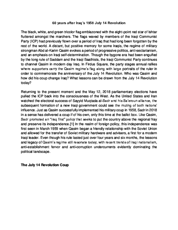 (PDF) 60 years after Iraq’s 1958 July 14 Revolution