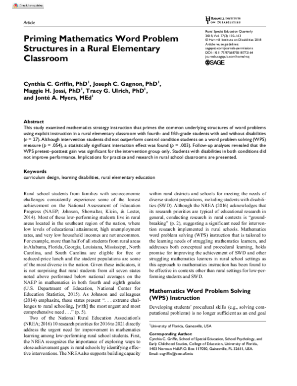 (PDF) Priming Mathematics Word Problem Structures in a Rural Elementary Classroom