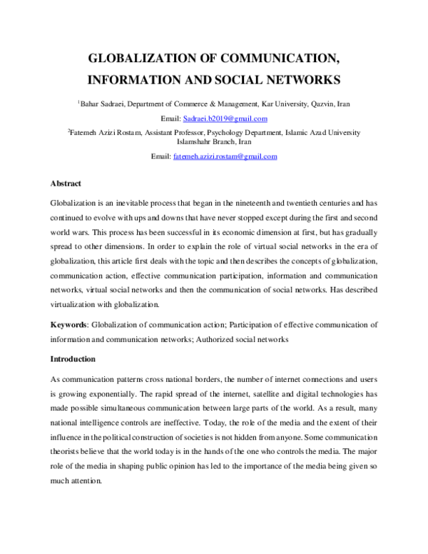 (PDF) GLOBALIZATION OF COMMUNICATION, INFORMATION AND SOCIAL NETWORKS