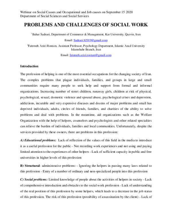 (PDF) PROBLEMS AND CHALLENGES OF SOCIAL WORK