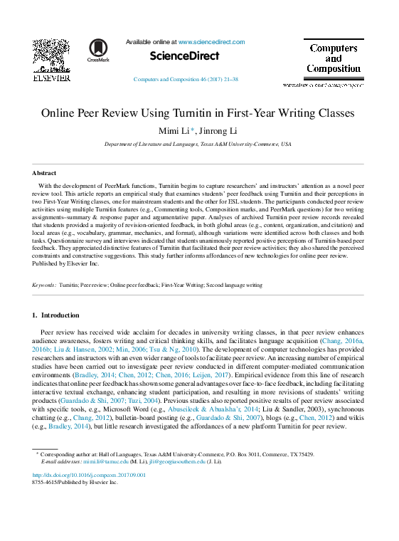(PDF) Online Peer Review Using Turnitin in First-Year Writing Classes