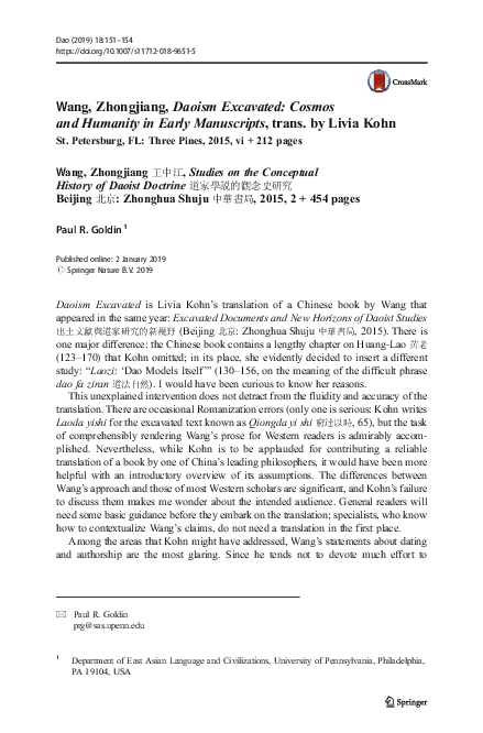 (PDF) Review of Wang Zhongjiang 王中江, Daoism Excavated: Cosmos and ...