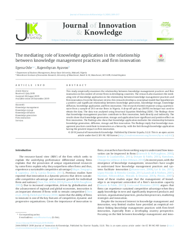(PDF) The mediating role of knowledge application in the relationship between knowledge ...
