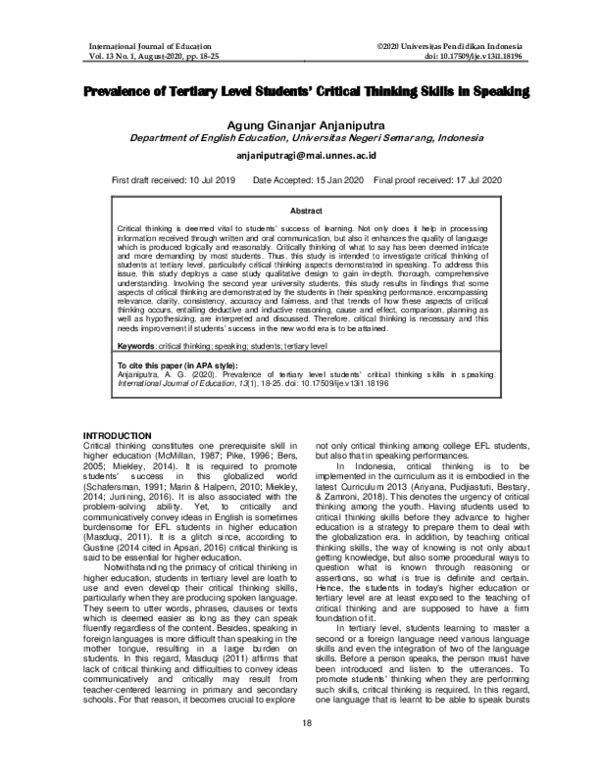 (PDF) Prevalence of Tertiary Level Students' Critical Thinking Skills ...