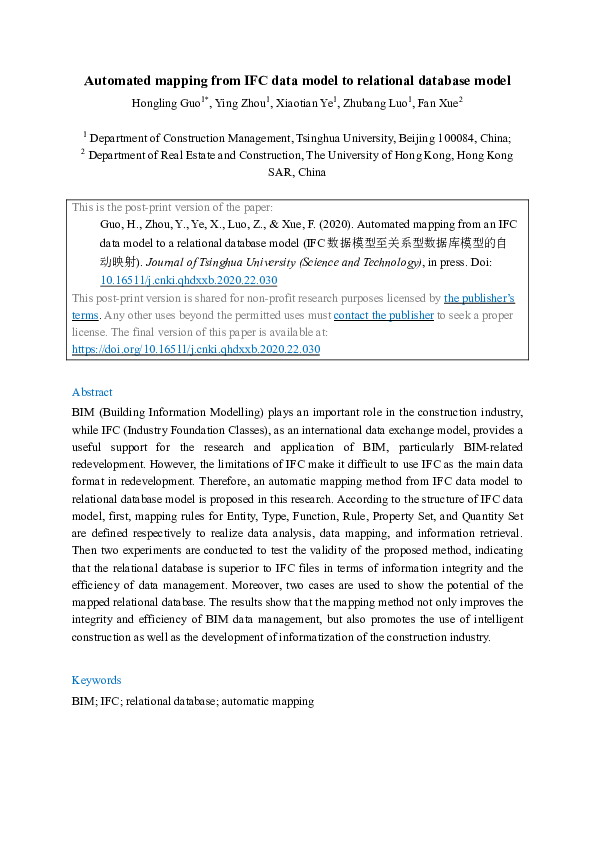 Pdf Automated Mapping From An Ifc Data Model To A Relational Database