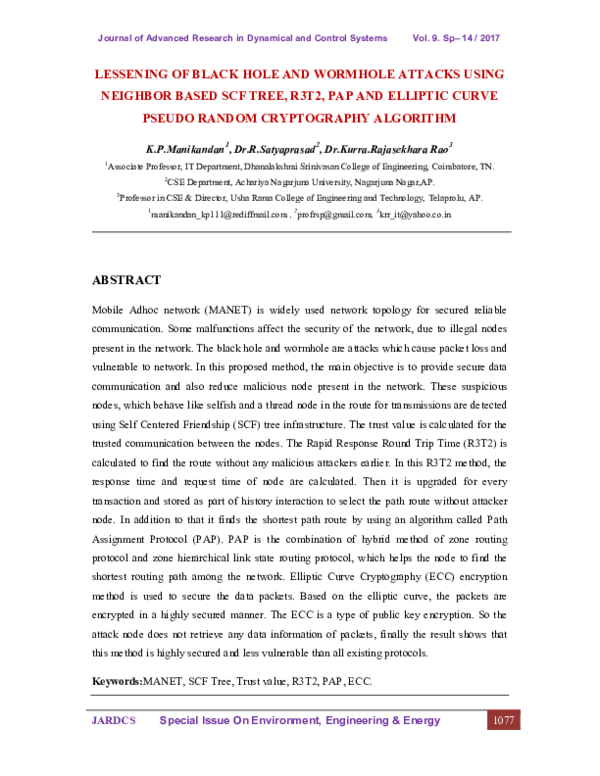 (PDF) LESSENING OF BLACK HOLE AND WORMHOLE ATTACKS USING NEIGHBOR BASED SCF TREE, R3T2, PAP AND ...