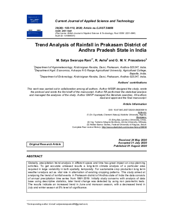 (PDF) Trend Analysis of Rainfall in Prakasam District of Andhra Pradesh ...