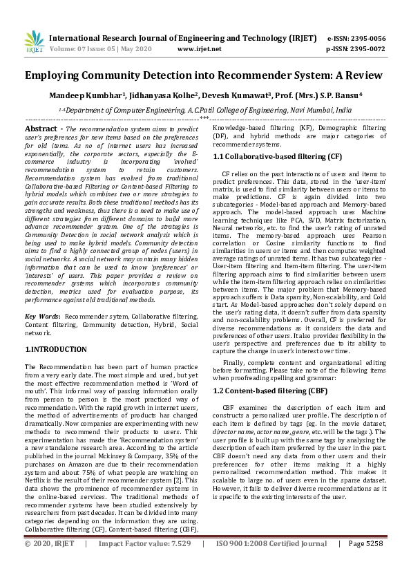 (PDF) Employing Community Detection into Recommender System: A Review