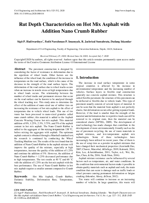 (PDF) Rut Depth Characteristics on Hot Mix Asphalt with Addition Nano Crumb Rubber