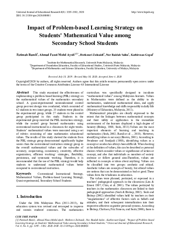 (PDF) Impact of Problem-based Learning Strategy on Students' Mathematical Value among Secondary ...