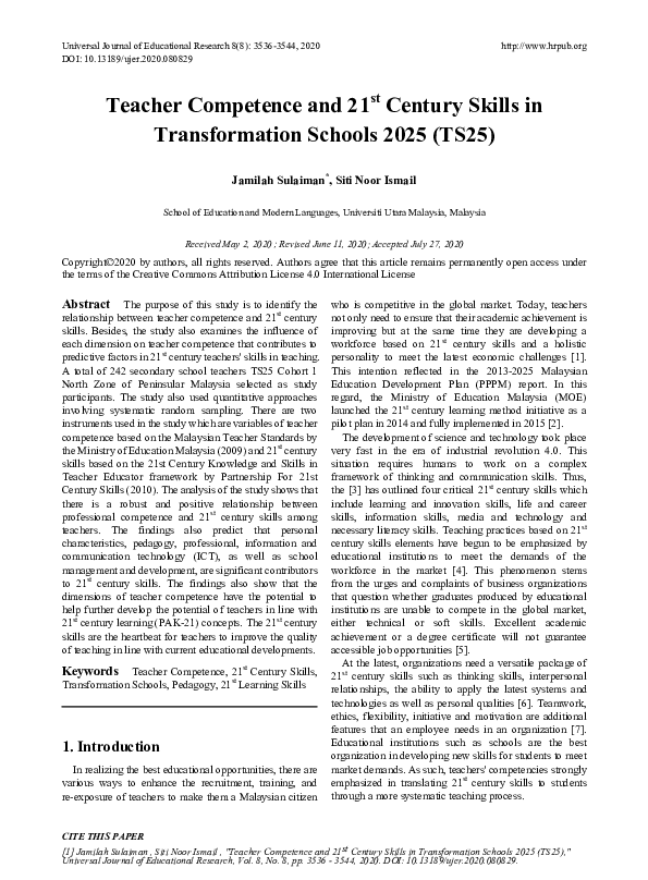(PDF) Teacher Competence and 21 st Century Skills in Transformation ...