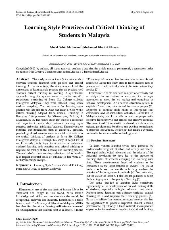 (PDF) Learning Style Practices and Critical Thinking of Students in ...