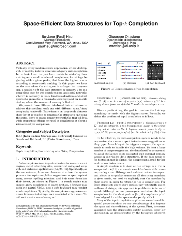 (PDF) Space-Efficient Data Structures for Top-k Completion