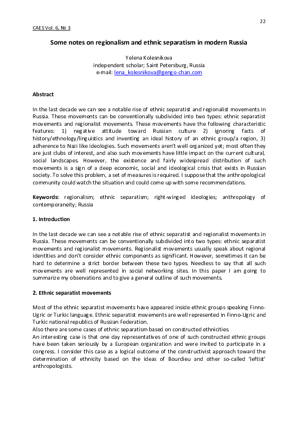 (PDF) Some notes on regionalism and ethnic separatism in modern Russia