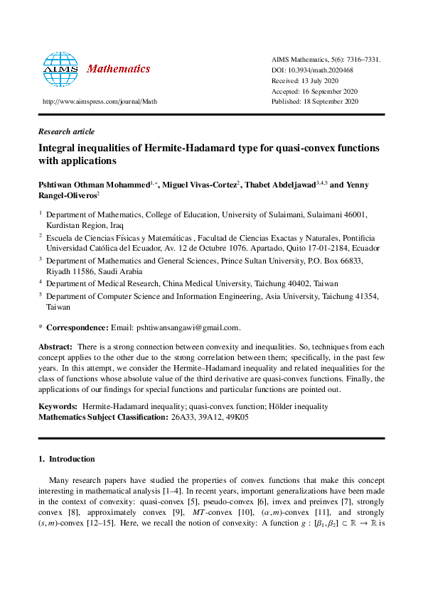(PDF) Integral inequalities of Hermite-Hadamard type for quasi-convex functions with applications