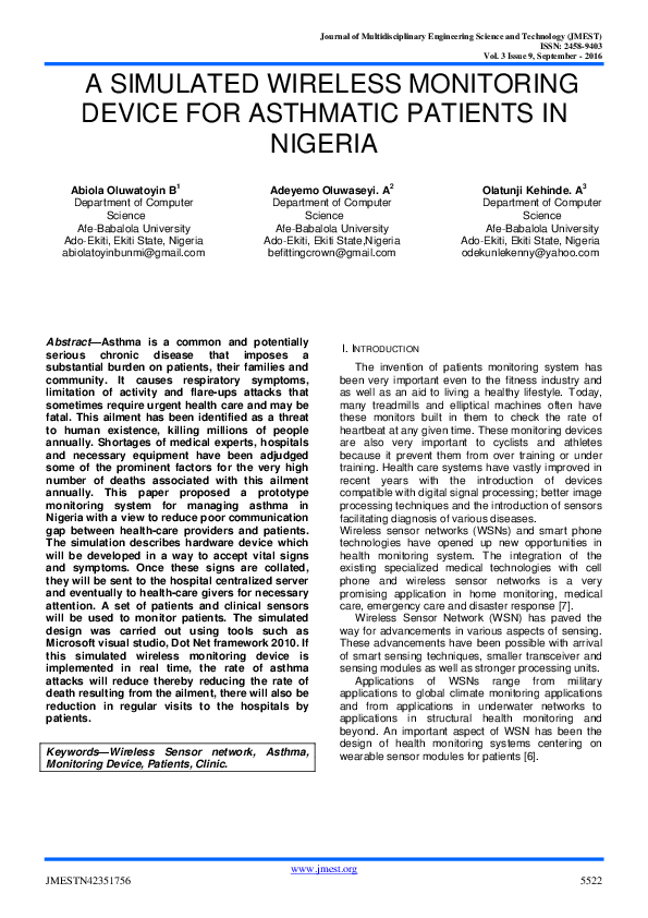 (PDF) A SIMULATED WIRELESS MONITORING DEVICE FOR ASTHMATIC PATIENTS IN ...