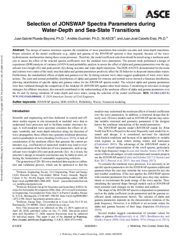 (PDF) Selection of JONSWAP Spectra Parameters during Water-Depth and ...
