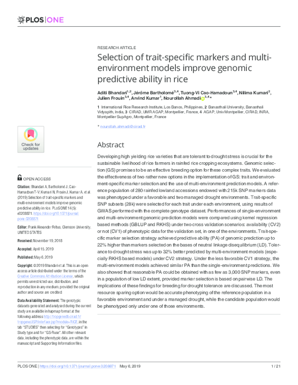Pdf Selection Of Trait Specific Markers And Multi Environment Models