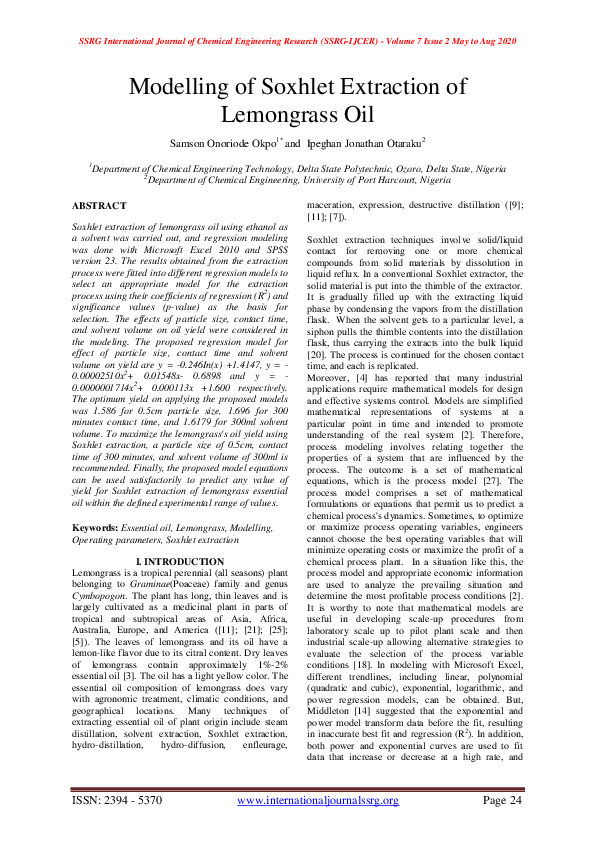 (PDF) Modelling of Soxhlet Extraction of Lemongrass Oil