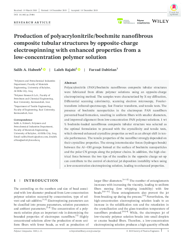 (PDF) Production of polyacrylonitrile/boehmite nanofibrous composite tubular structures by ...