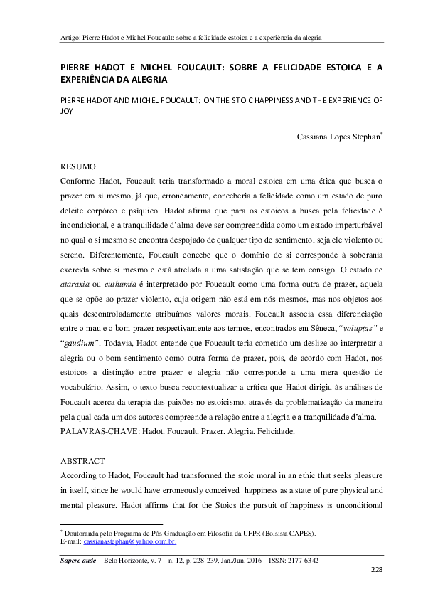 (PDF) PIERRE HADOT E MICHEL FOUCAULT: SOBRE A FELICIDADE ESTOICA E A ...